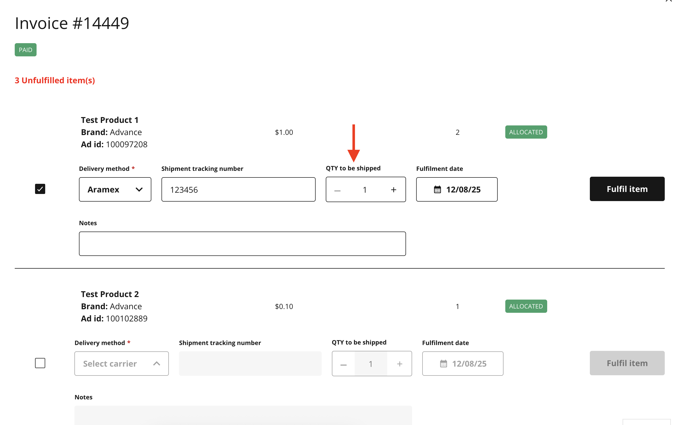 Allow line item to be dispatched multiple times by adding a quantity ...